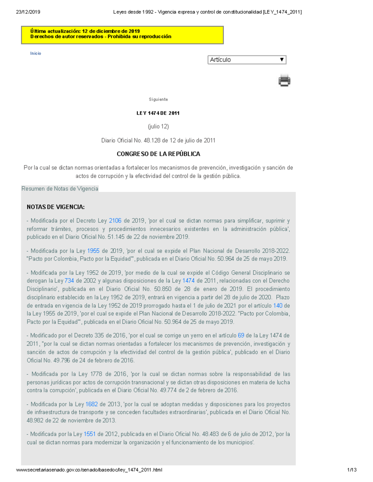 Ley 1474 de 2011 skdkdnd fjfbf dndnbdndnfbd - Última actualización: 12 ...
