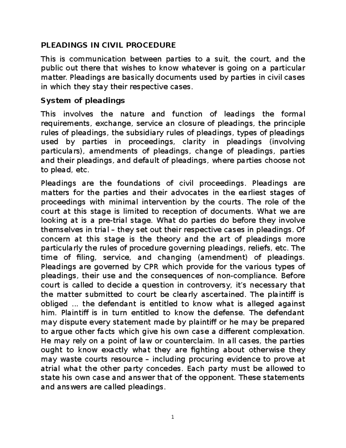 Pleadings IN Civil Procedure - Bachelor of Laws - MUK - Studocu