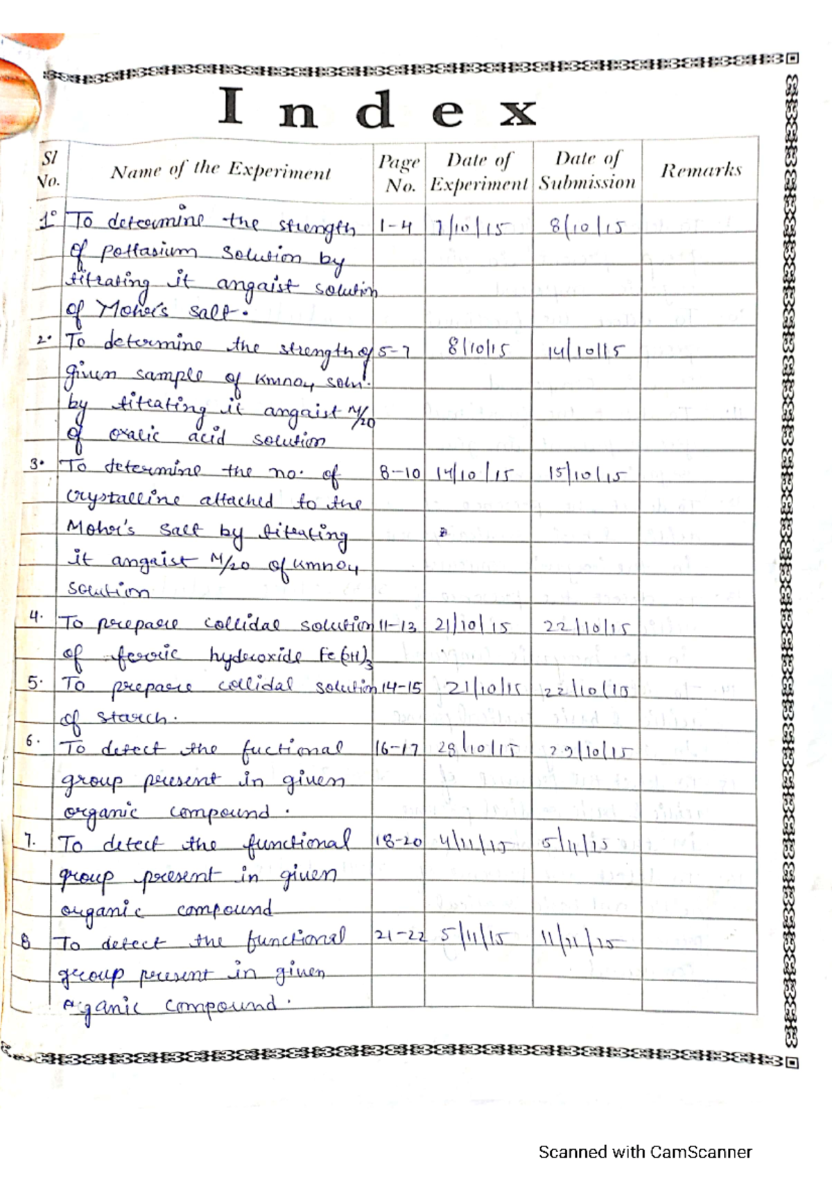 Practical file XII - Index SI Name of the Experiment Page Date of Date of Remarks No. No ...