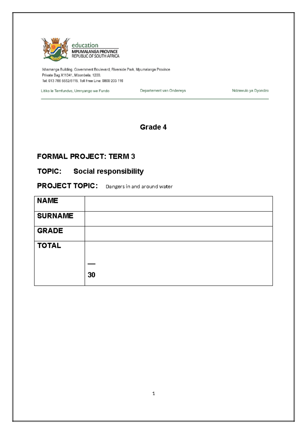 2024 TERM 3 Projects 4 5 6 - Grade 4 FORMAL PROJECT: TERM 3 TOPIC ...