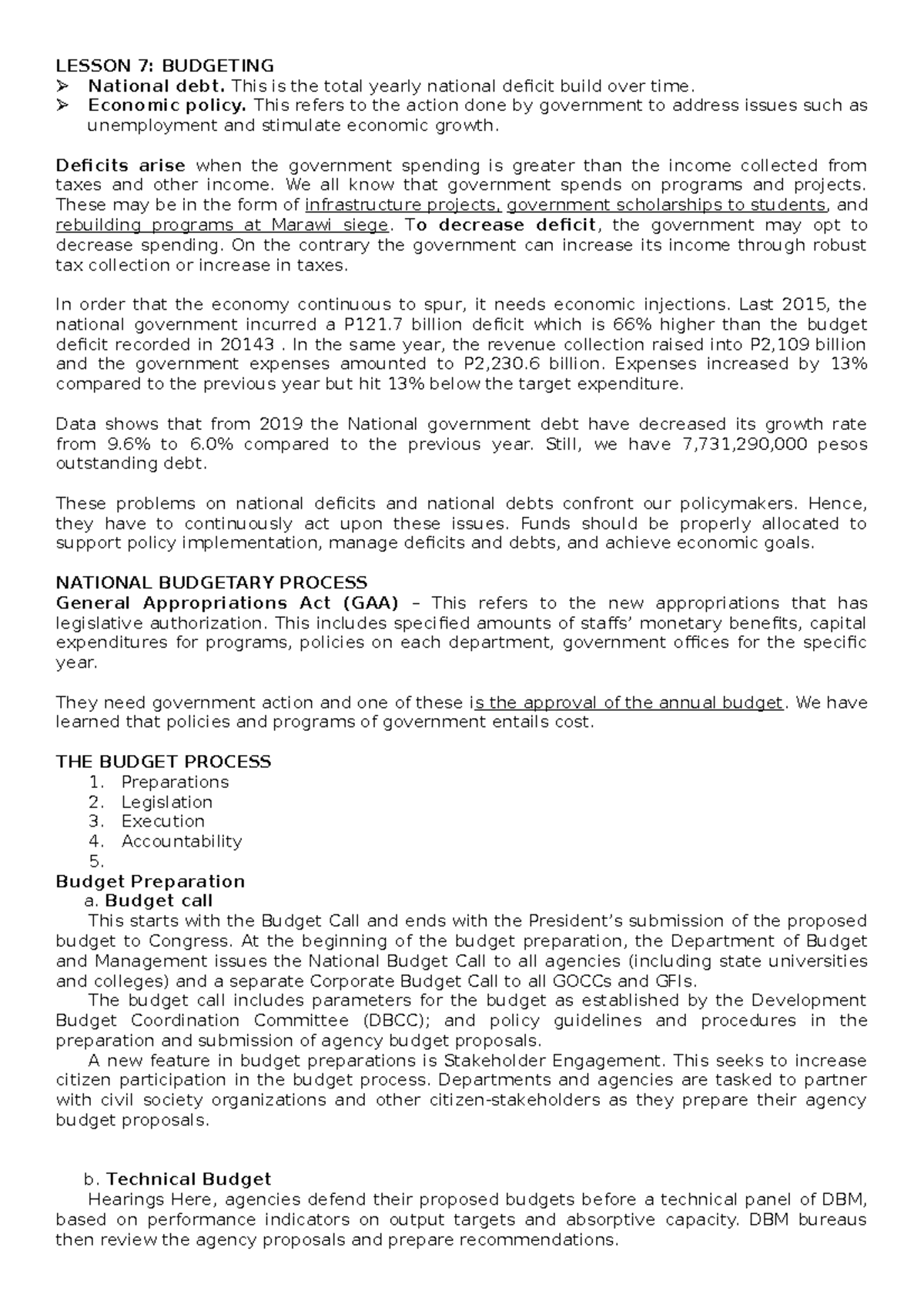 Budget Legislation - Study this - LESSON 7: BUDGETING National debt ...