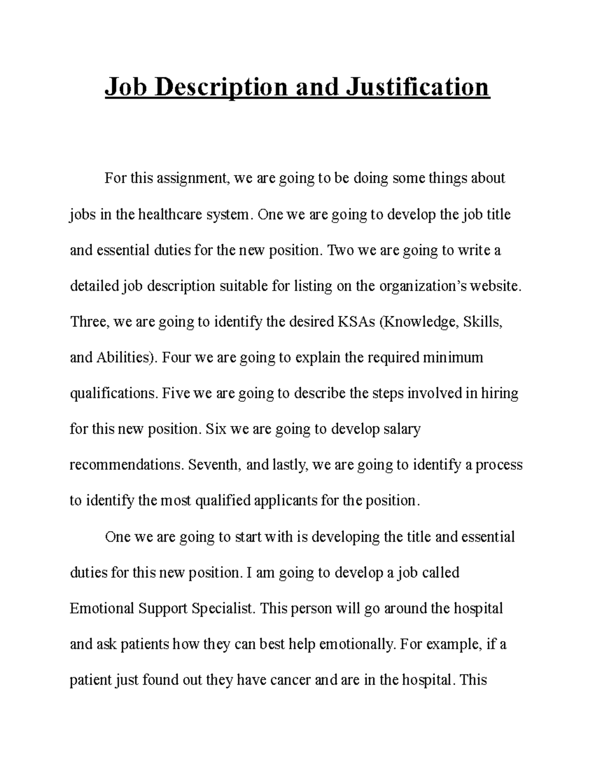 Week 4 Assignment 2 Job Description and Justification - Job Description ...