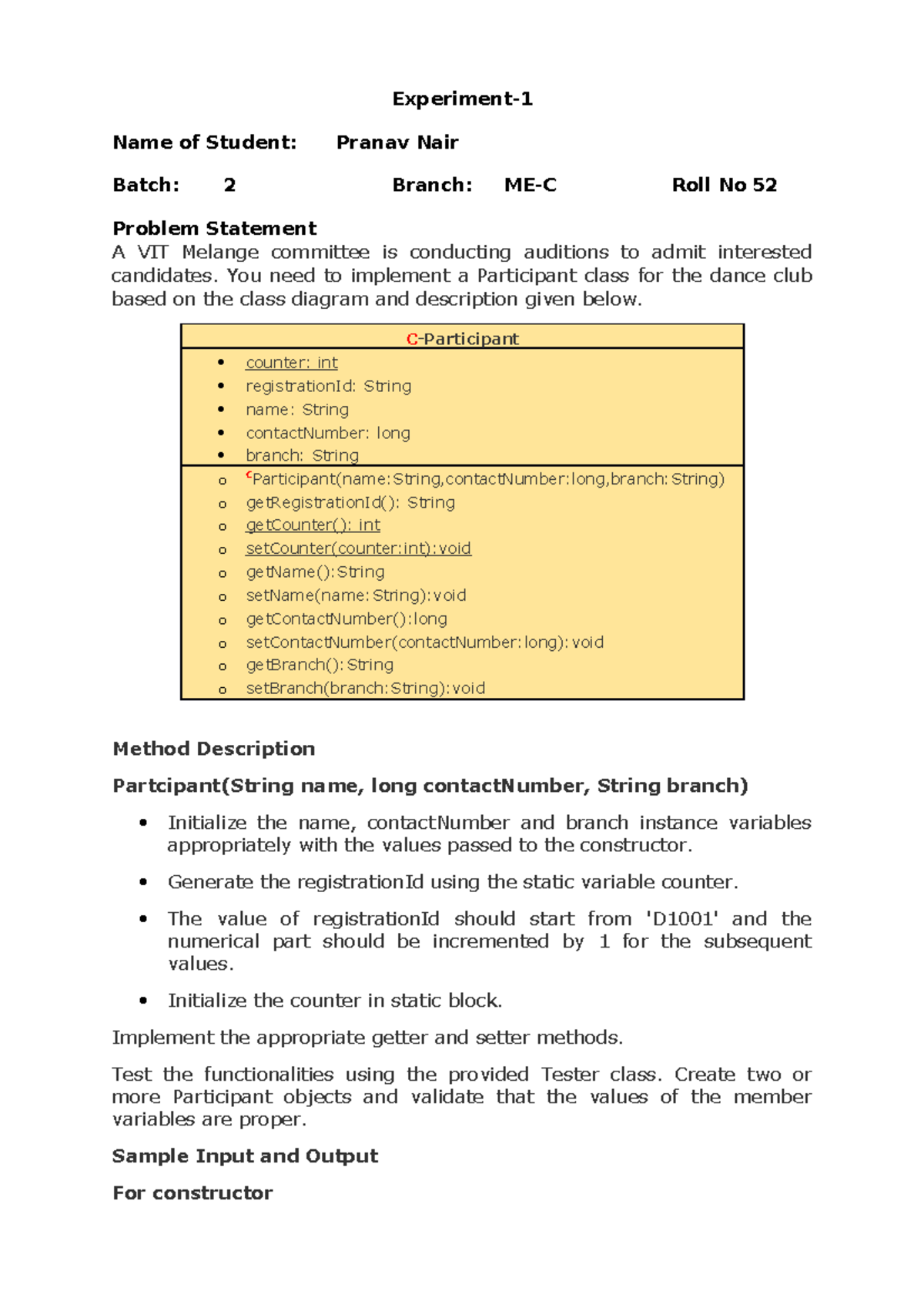 C 52 Pranav Nair OOP Lab 1 - Experiment- Name of Student: Pranav Nair ...