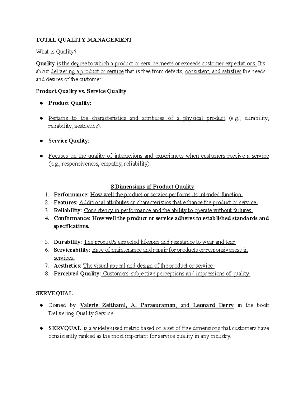 TQM - rEVIEWER - TOTAL QUALITY MANAGEMENT What is Quality? Quality is ...