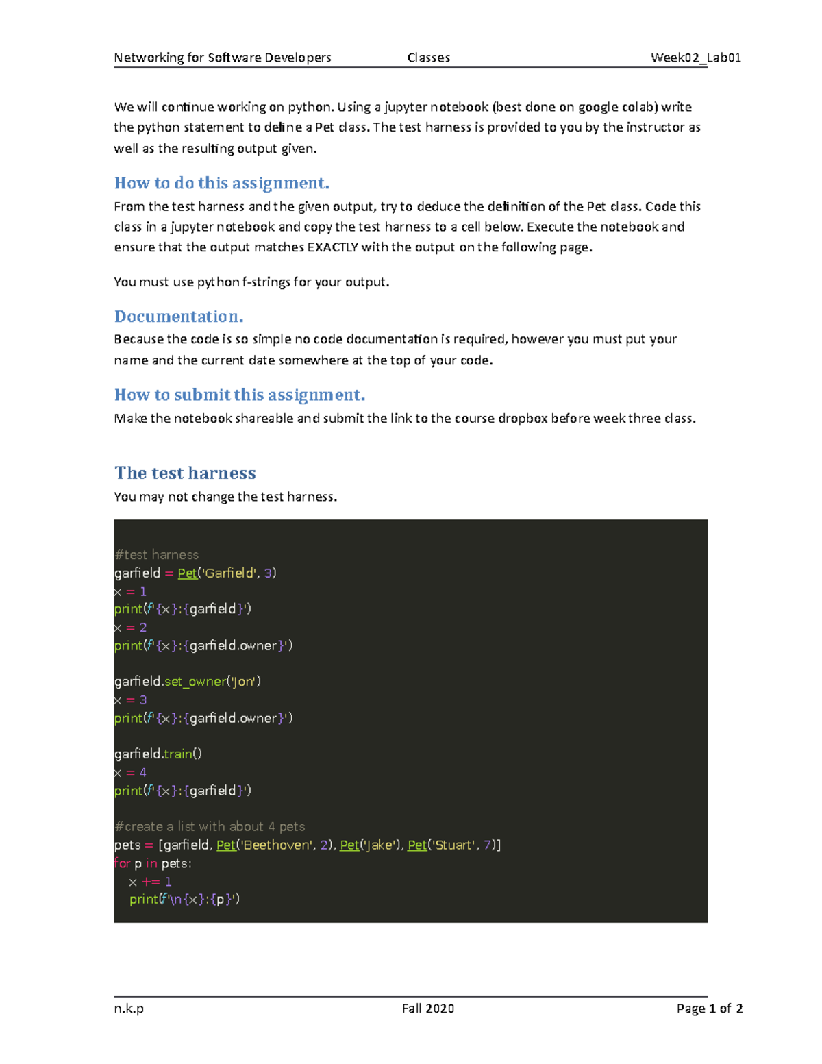 Week 02 lab 01 Pet - ccc - Networking for Software Developers Classes Week02_Lab We will ...