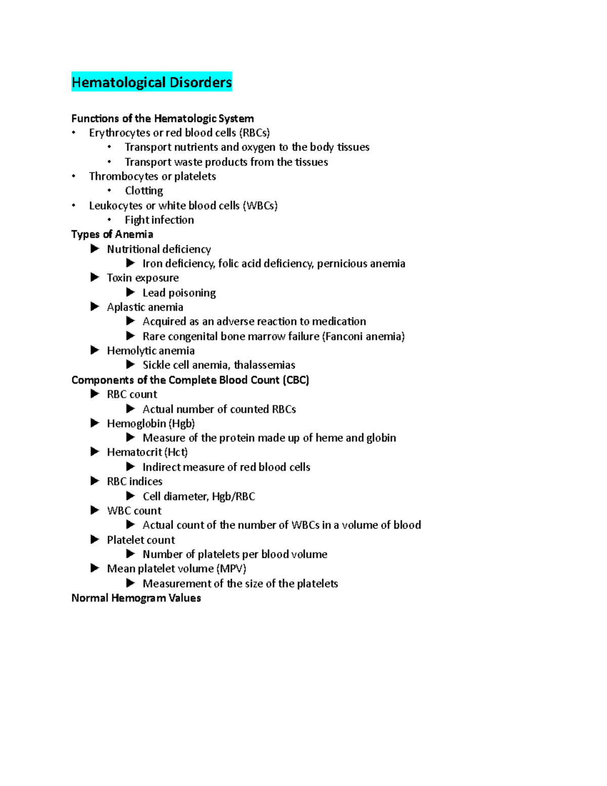 Hematological Disorders - NURS 350 - Studocu