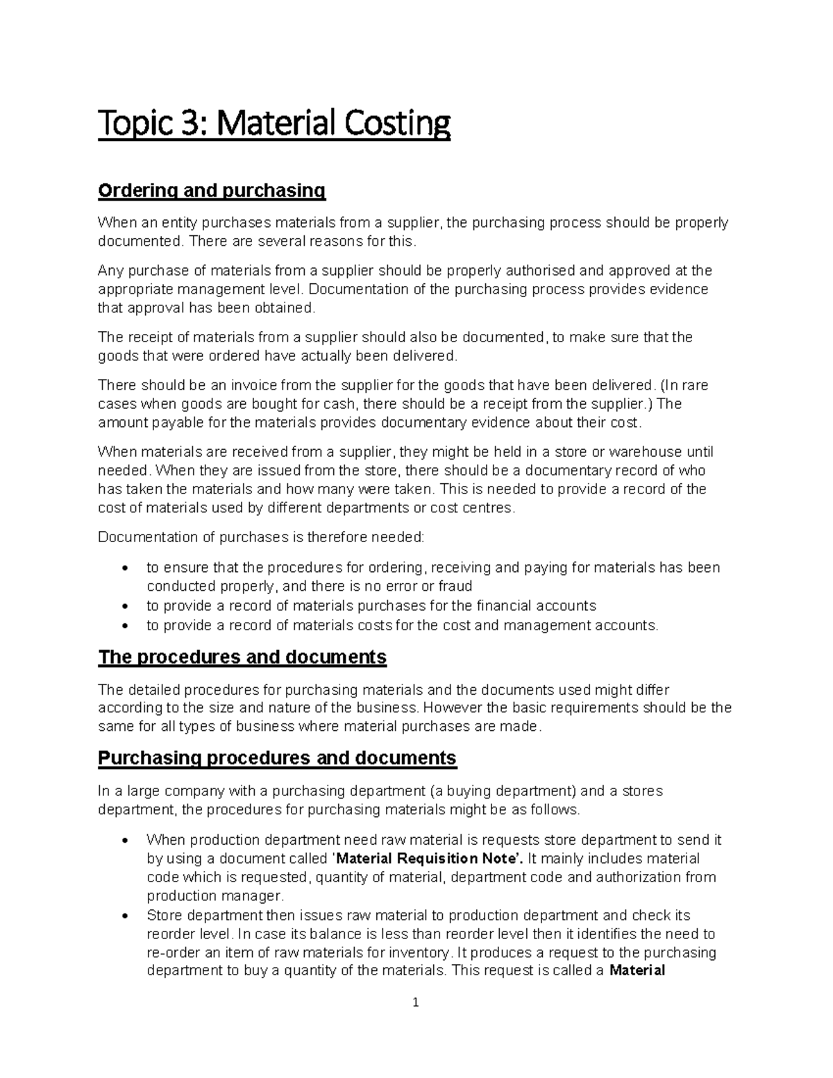 Theory of material MA - Topic 3: Material Costing Ordering and ...
