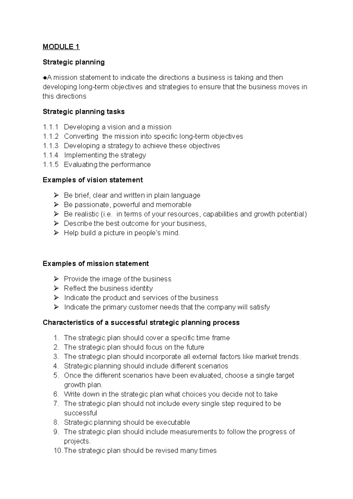 EBM N6 Strategic planning - MODULE 1 Strategic planning A mission ...
