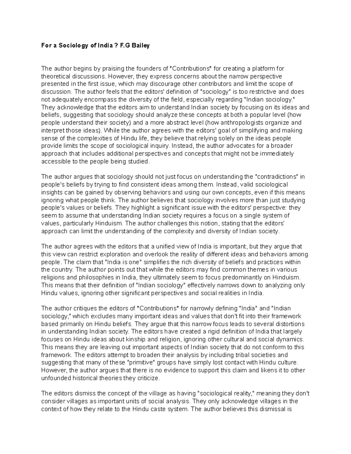 For a Sociology of India - F.G Bailey - For a Sociology of India? F ...