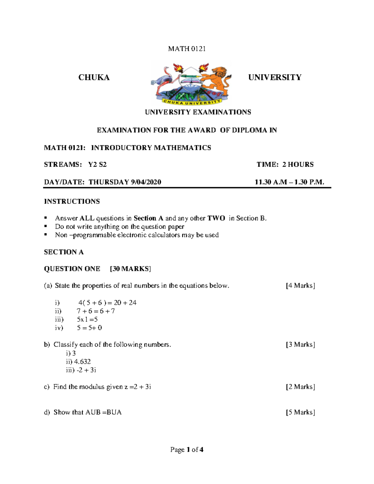 MATH 0121 - Non - MATH 0121 CHUKA UNIVERSITY UNIVERSITY EXAMINATIONS ...