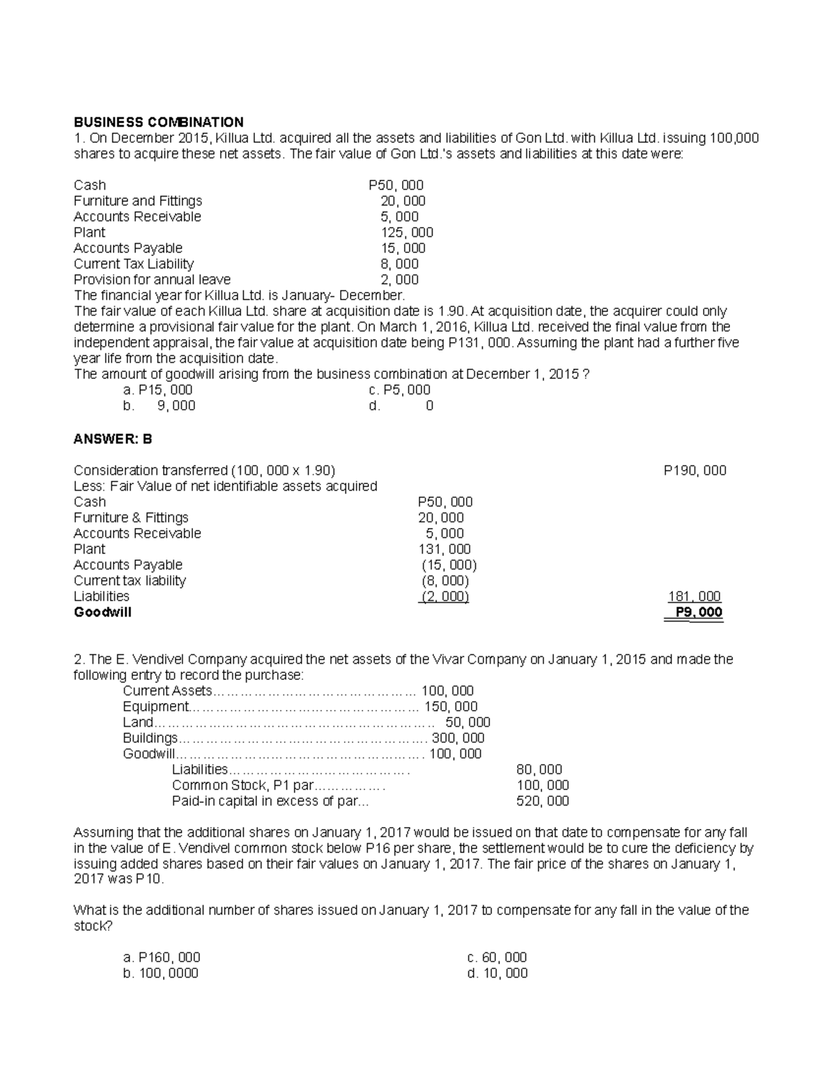 Advance Accounting Exercises (Acctng. for Business Combinations ...