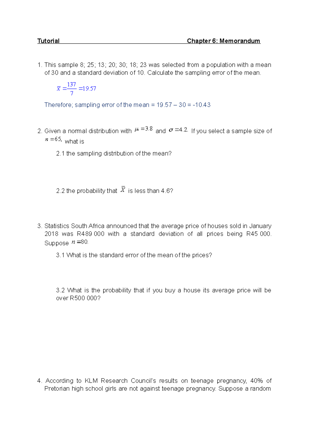 Chapter 6 memo - memo - Tutorial Chapter 6: Memorandum This sample 8; 25; 13; 20; 30; 18; 23 was ...