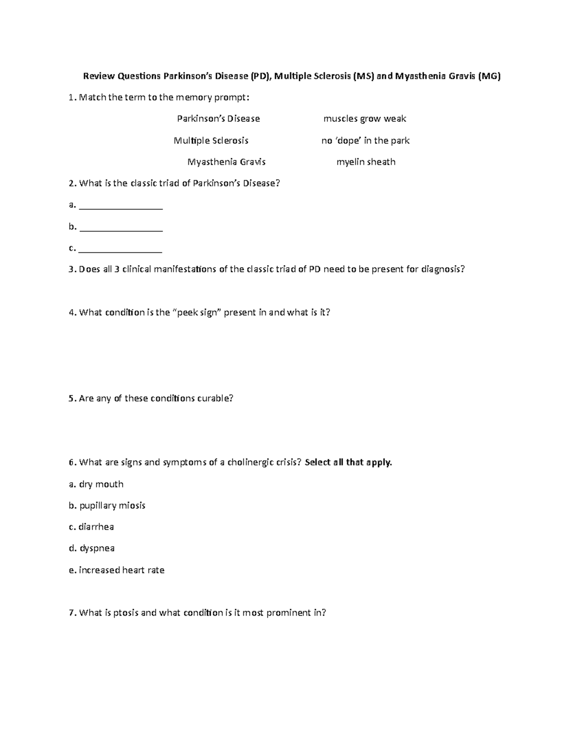 Parkinson's MS MG Questions - Review Questions Parkinson’s Disease (PD ...