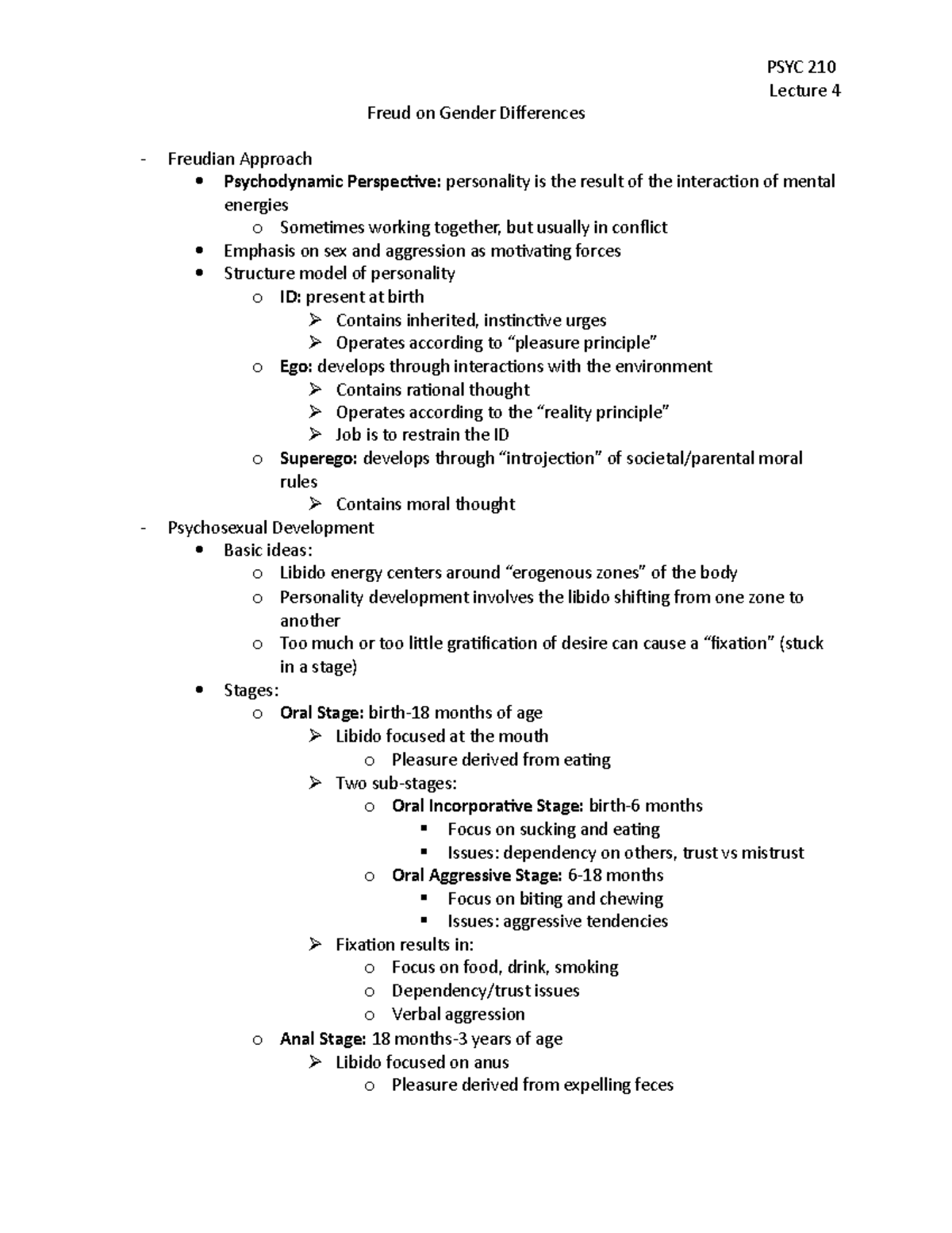 Lecture 4 - Class notes - PSYC 210 Lecture 4 Freud on Gender ...