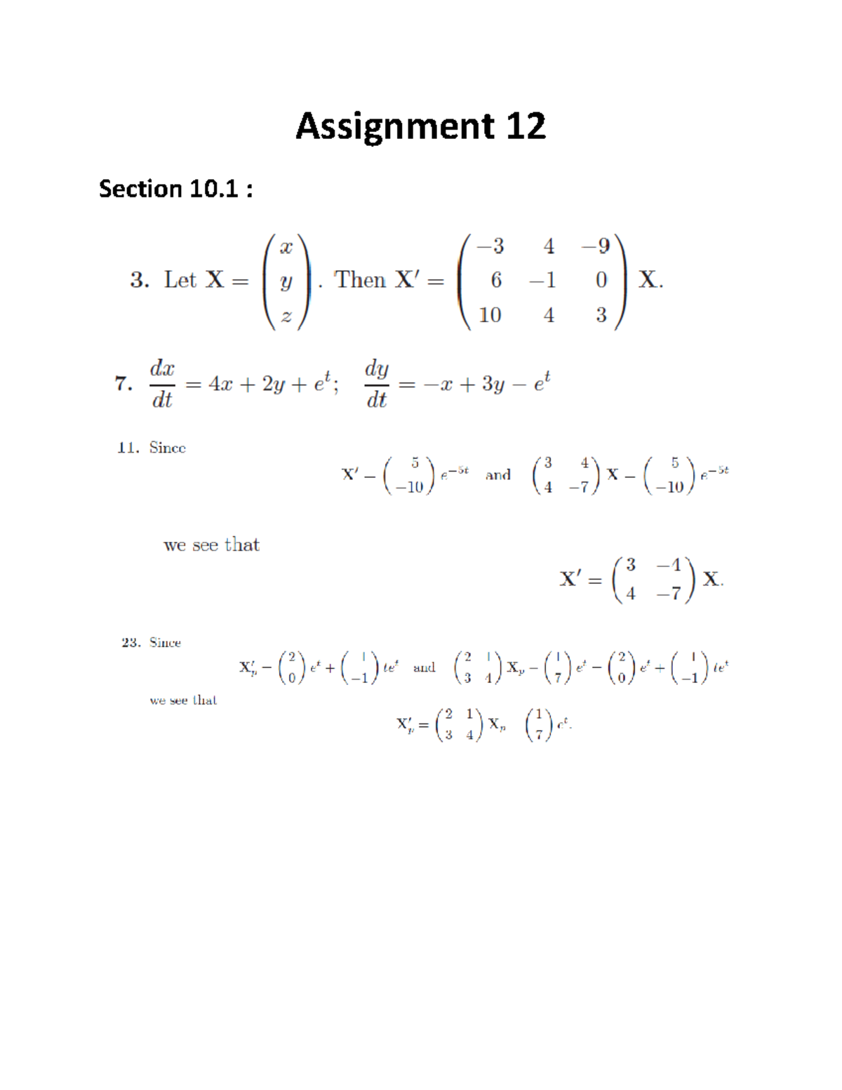Assignment ODE Solutions - Math 263 - Assignment 12 Section 10 : Section 10 : - Studocu