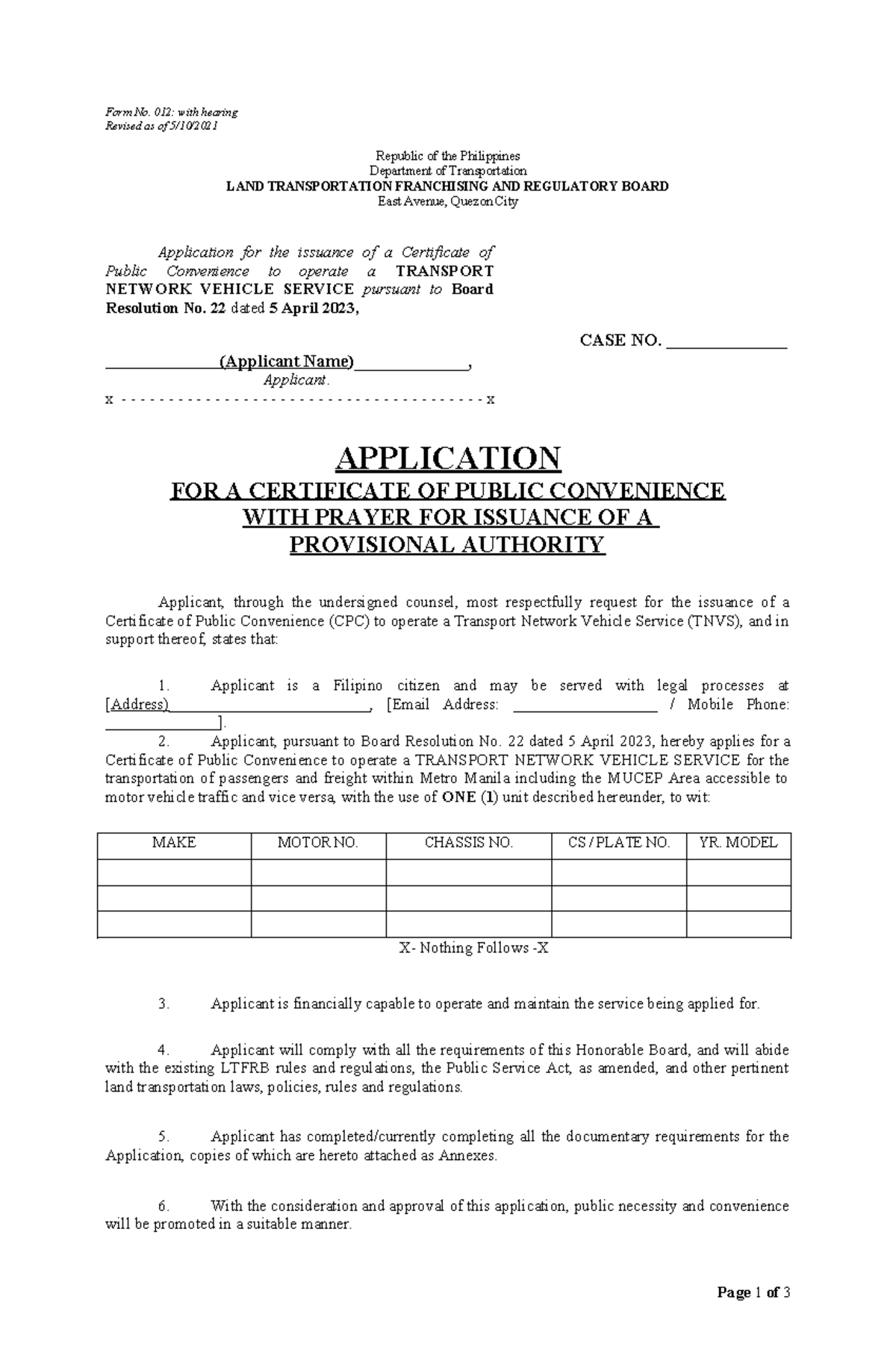 Updated Application - New CPC - Form No. 012: with hearing Revised as ...