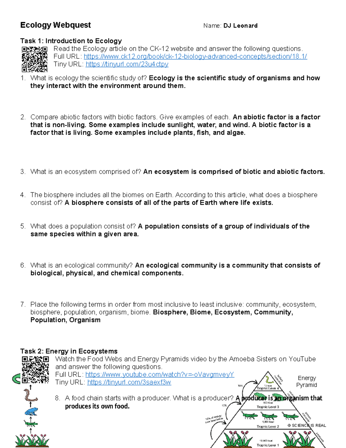 Copy of Ecology Webquest - Ecology Webquest Name: DJ Leonard Task 1 ...