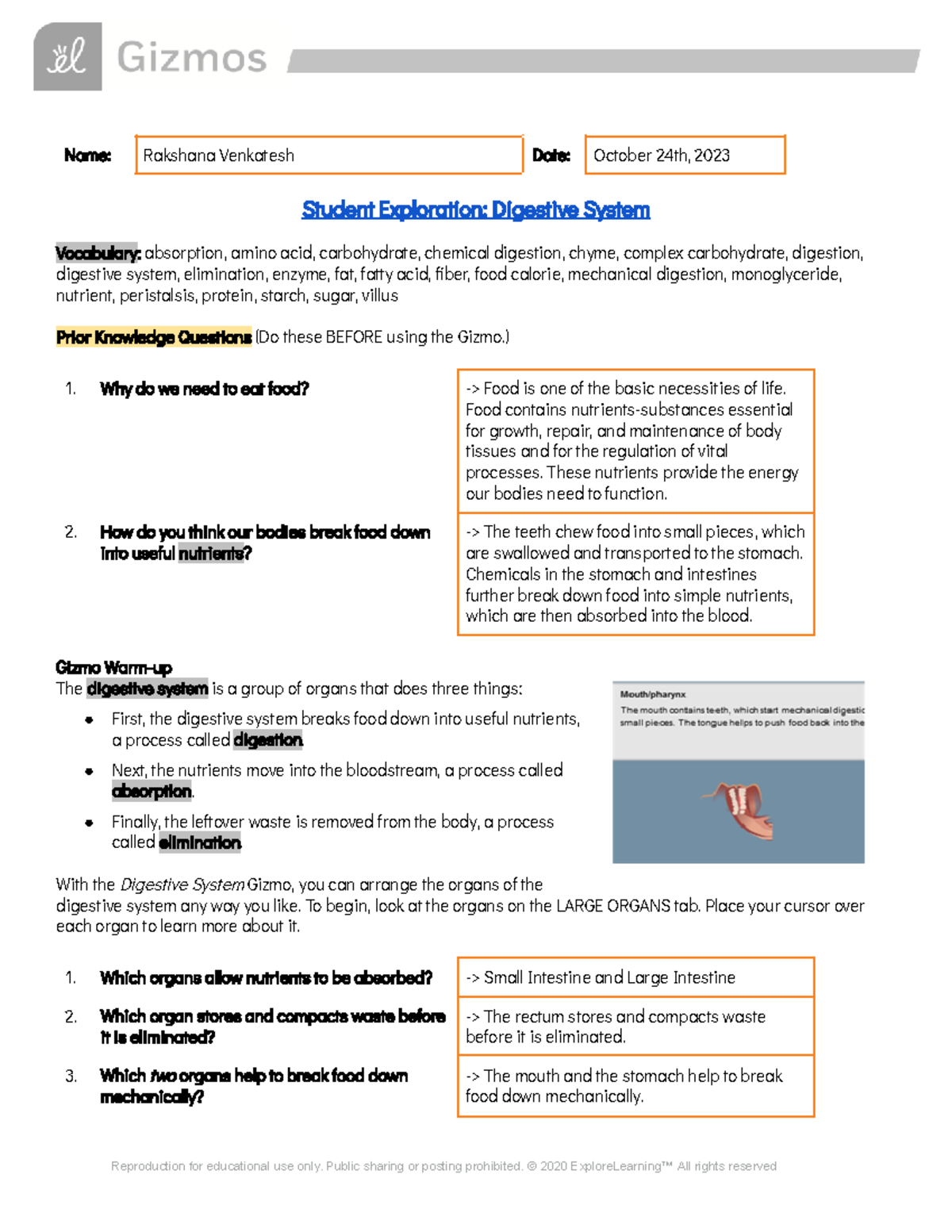 RV- Digestive System Gizmo - Name: Rakshana Venkatesh Date: October ...