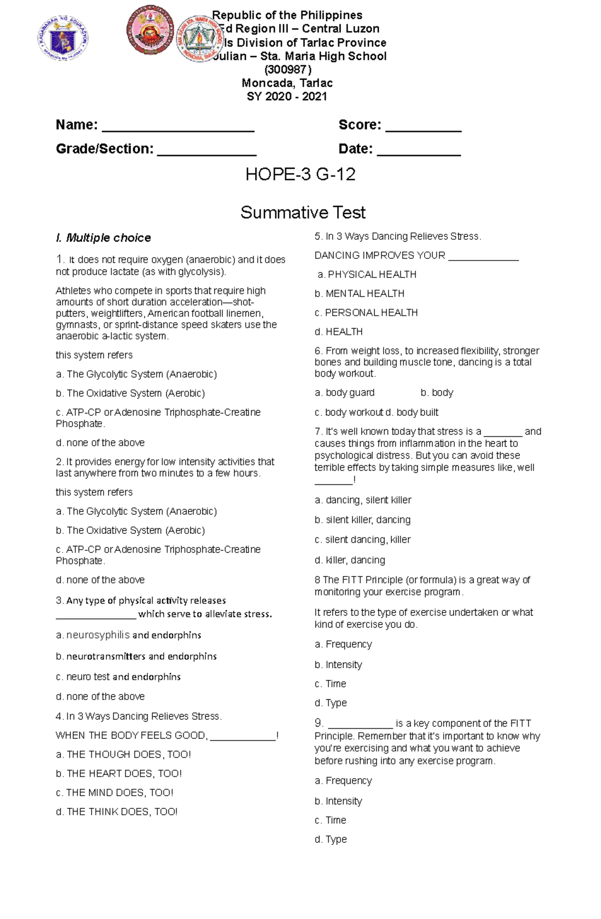 HOPE 3 summative test Edited no answer - Name ...