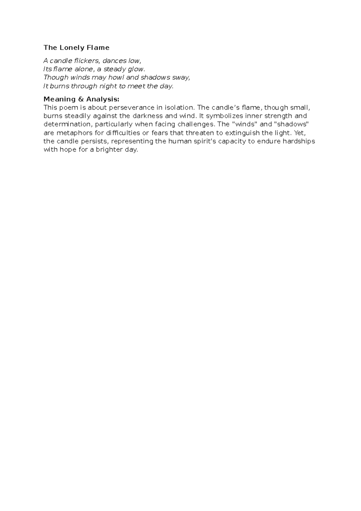 Flame - ENGLISH Poetry lesson 1 - The Lonely Flame A candle flickers ...