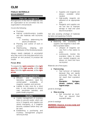 Laboratory management Compiled Lecture guide - Unit 1 - The Clinical Laboratory TOPIC SUMMARY A ...