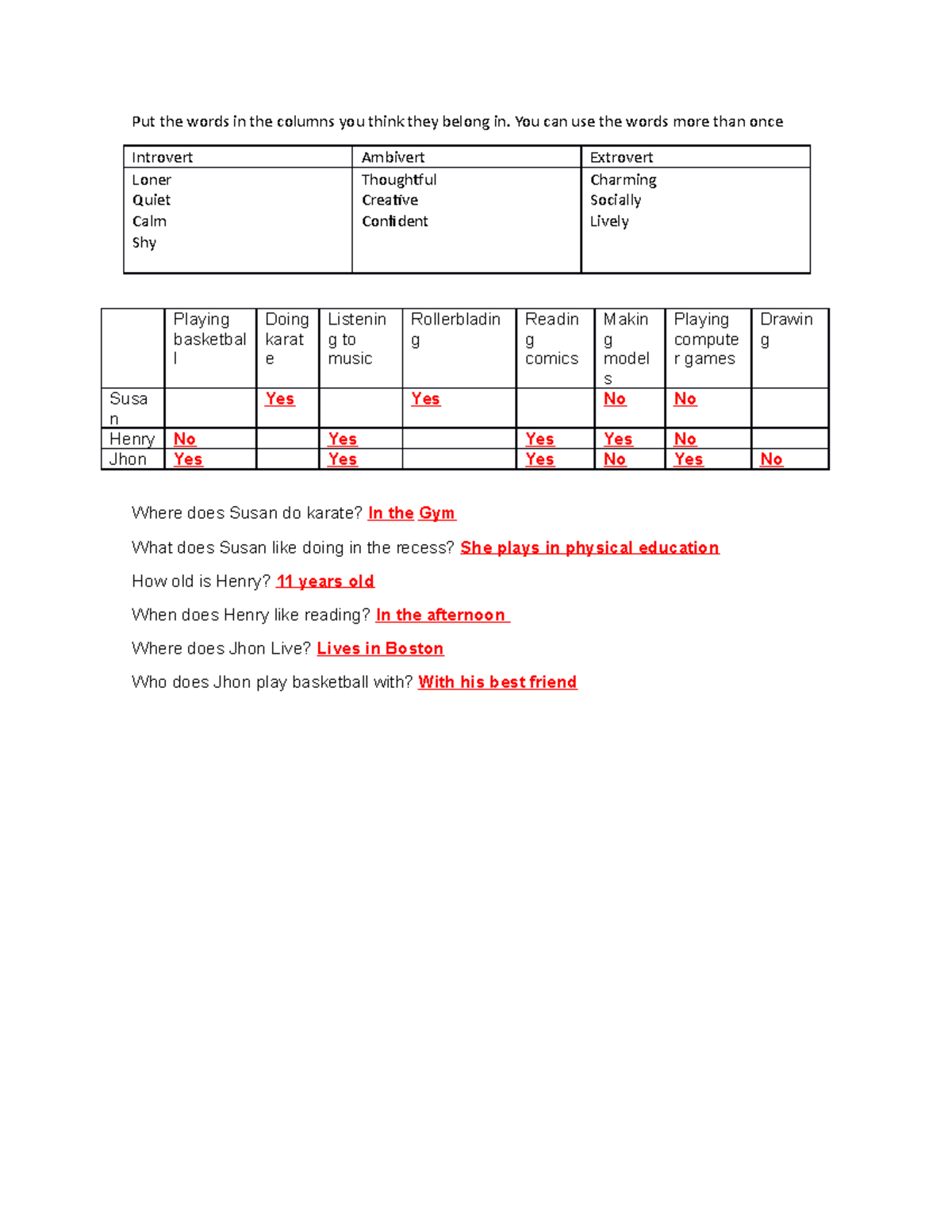 Activites practice in class - Put the words in the columns you think ...