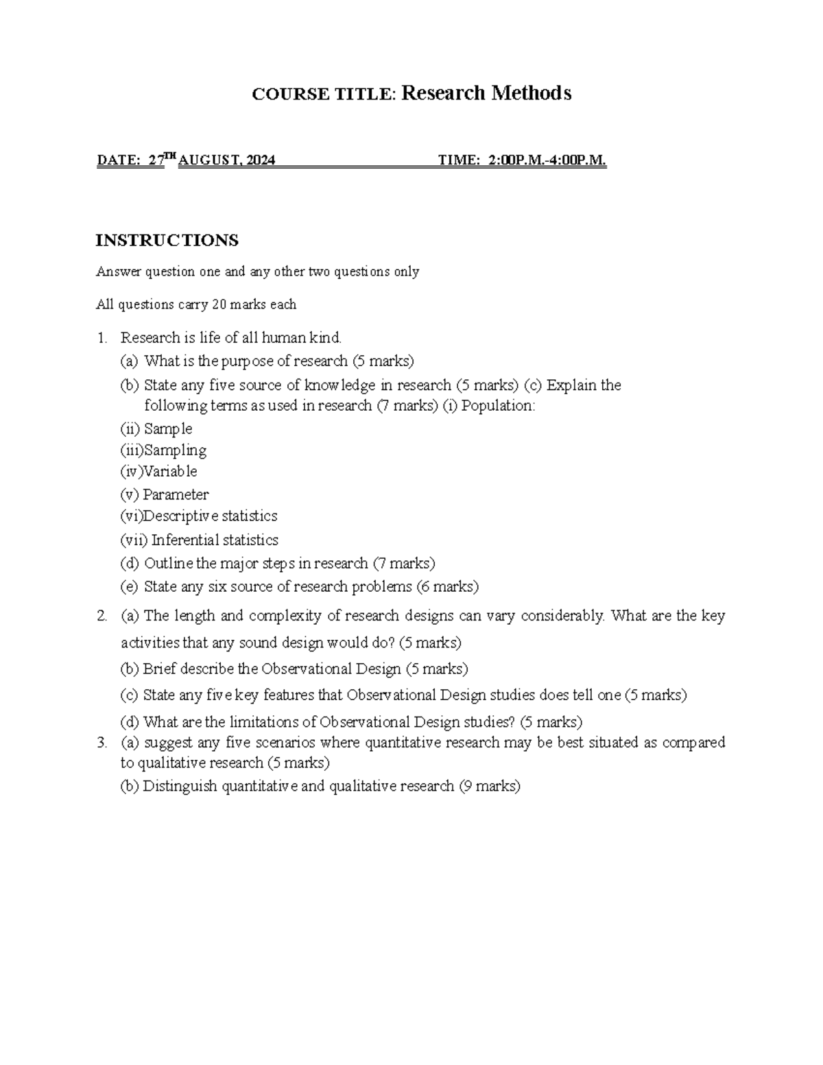 Research Methods exam question paper - COURSE TITLE: Research Methods ...