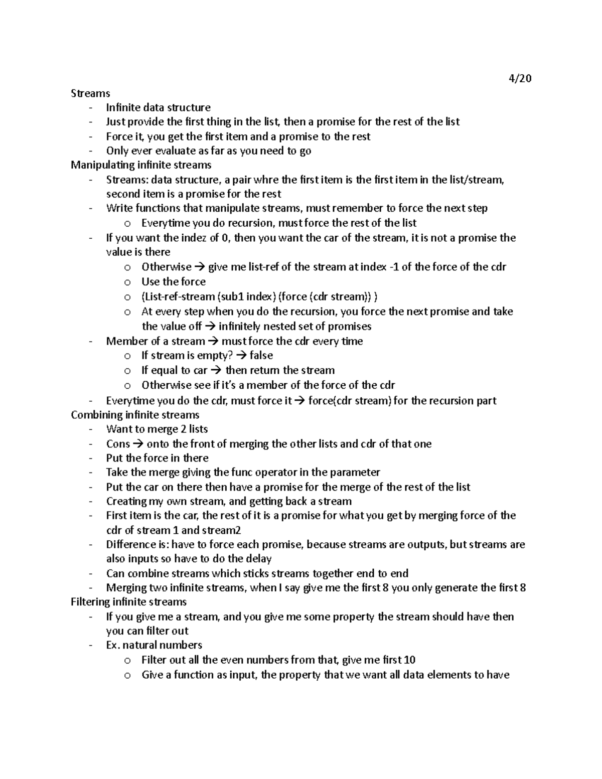 420 Lecture Notes 4 Streams Infinite Data Structure Just Provide The First Thing In
