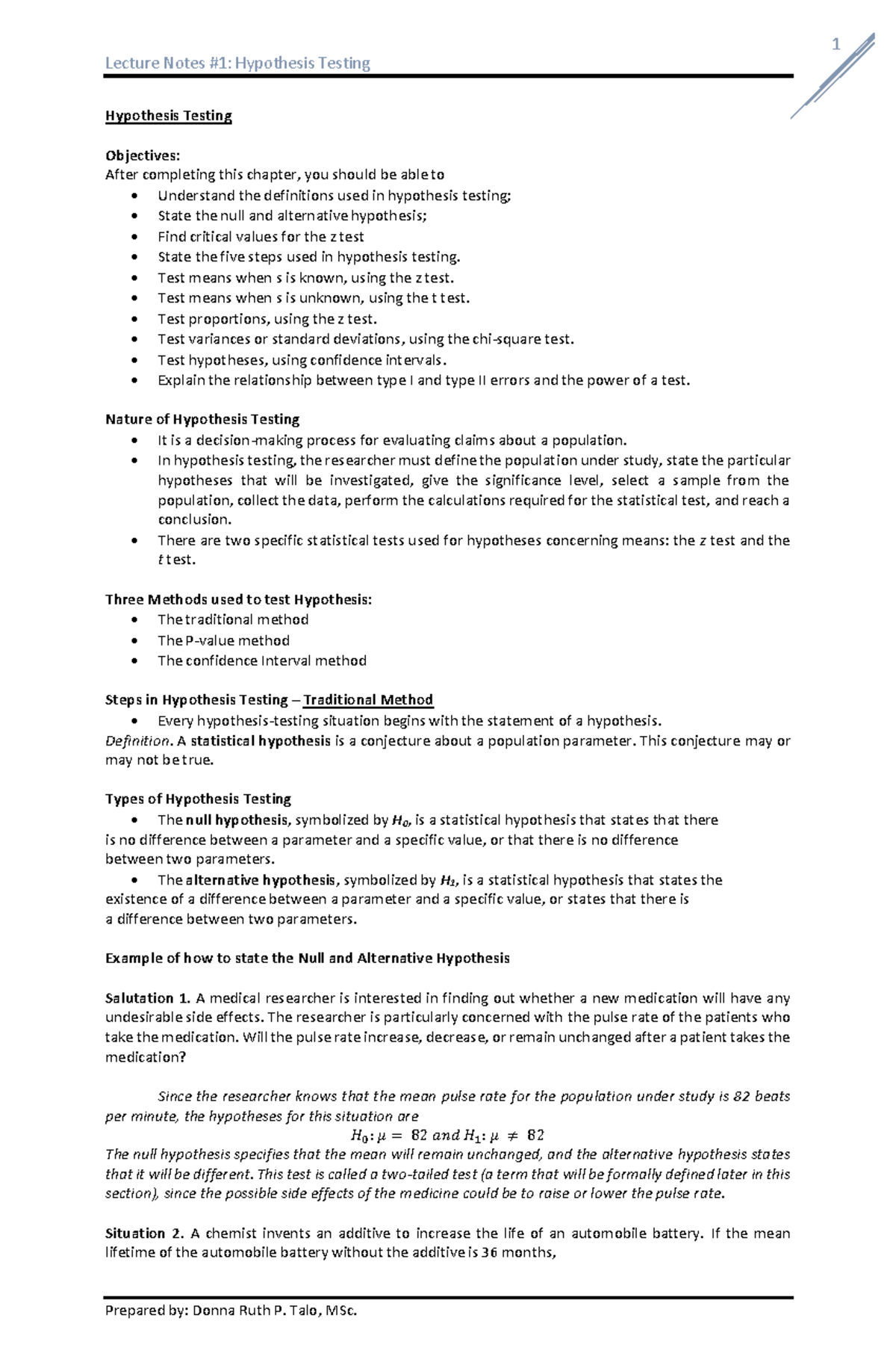 Hypothesis Testing , Traditional Method- Lecture Notes - Lecture Notes ...