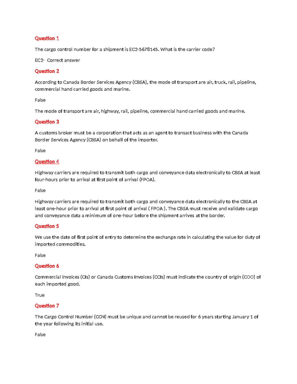 Quiz1 ITC 111 - QUIZ - The cargo control number for a shipment is EC2 ...
