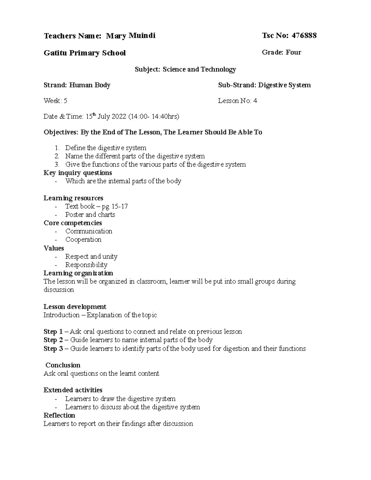 Grade four science lesson plan - Teachers Name: Mary Muindi Tsc No ...