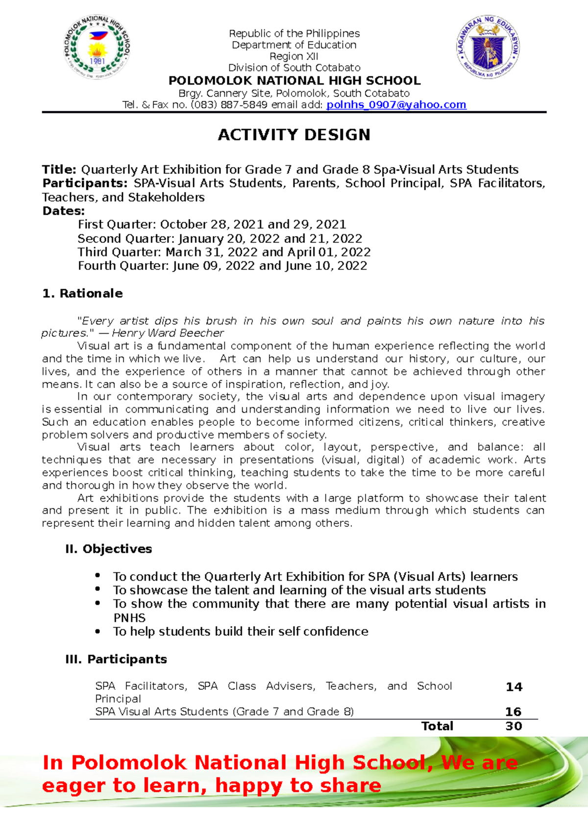 Activity Design FOR ART Exhibit - Republic of the Philippines ...
