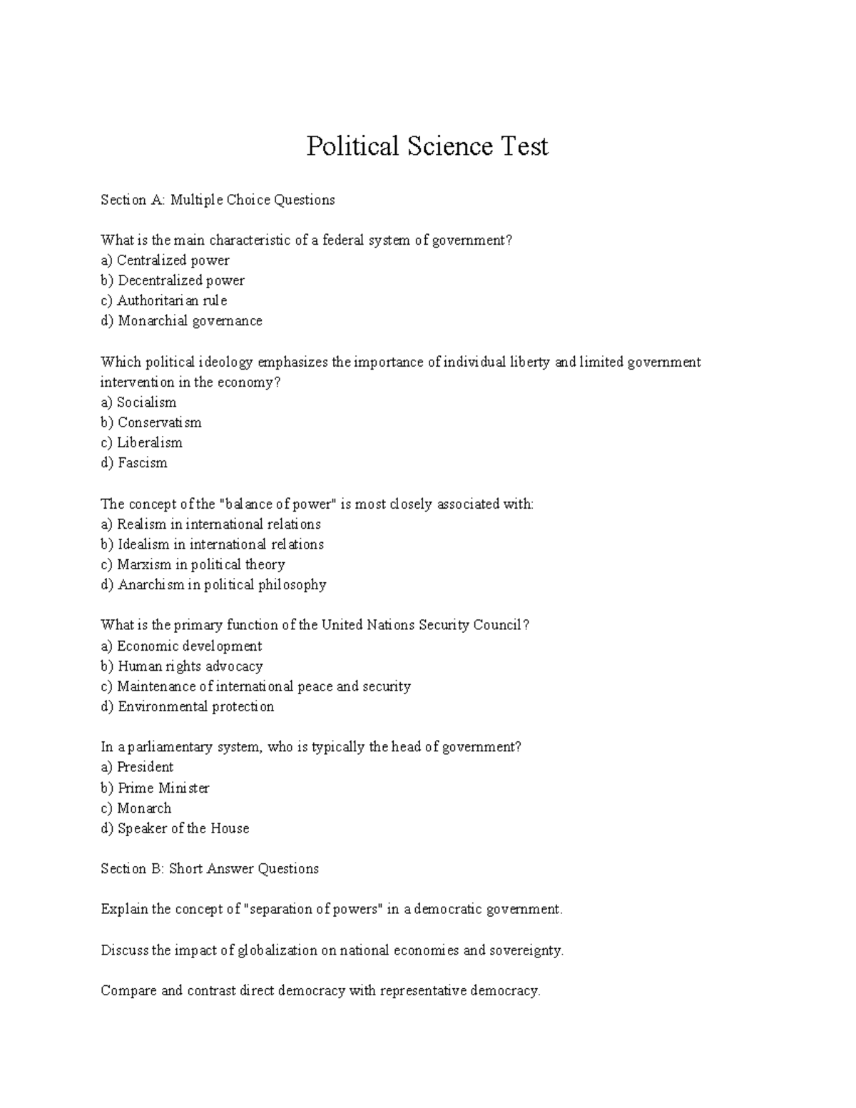 History Test102 - Political Science Test Section A: Multiple Choice ...