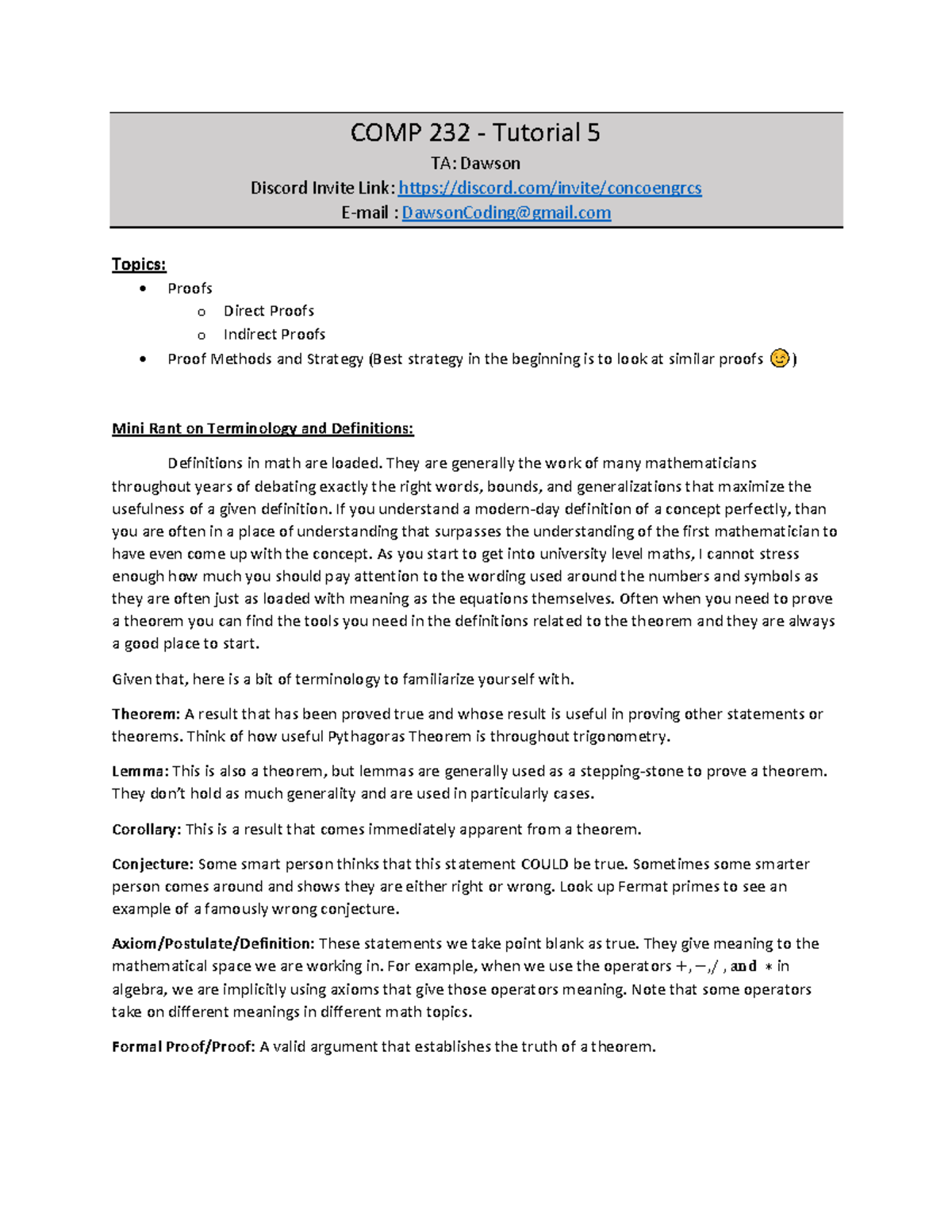COMP232 Tutorial 05 with Answers - COMP 232 - Tutorial 5 TA: Dawson Discord Invite Link: - Studocu
