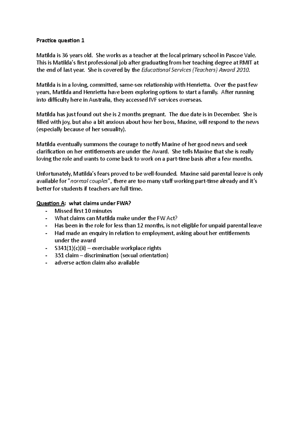 Practice Questions - Revision Session from Workplace Law - Practice ...