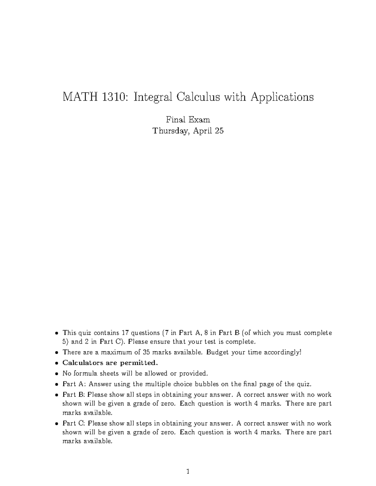 Final-exam-solutions - MATH 1310: Integral Calculus with Applications ...