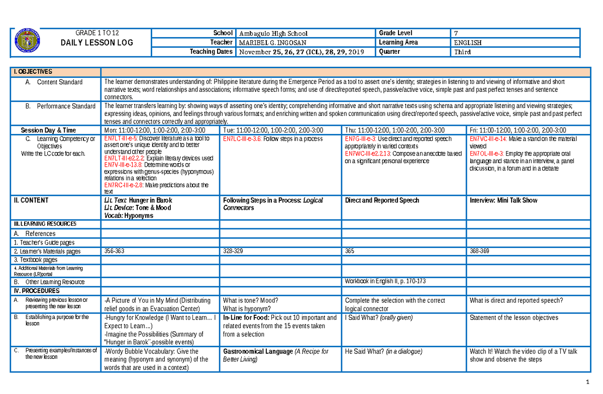 Week 5 19-20 - weekly Dll for English 7 & 8 - GRADE 1 TO 12 DAILY ...