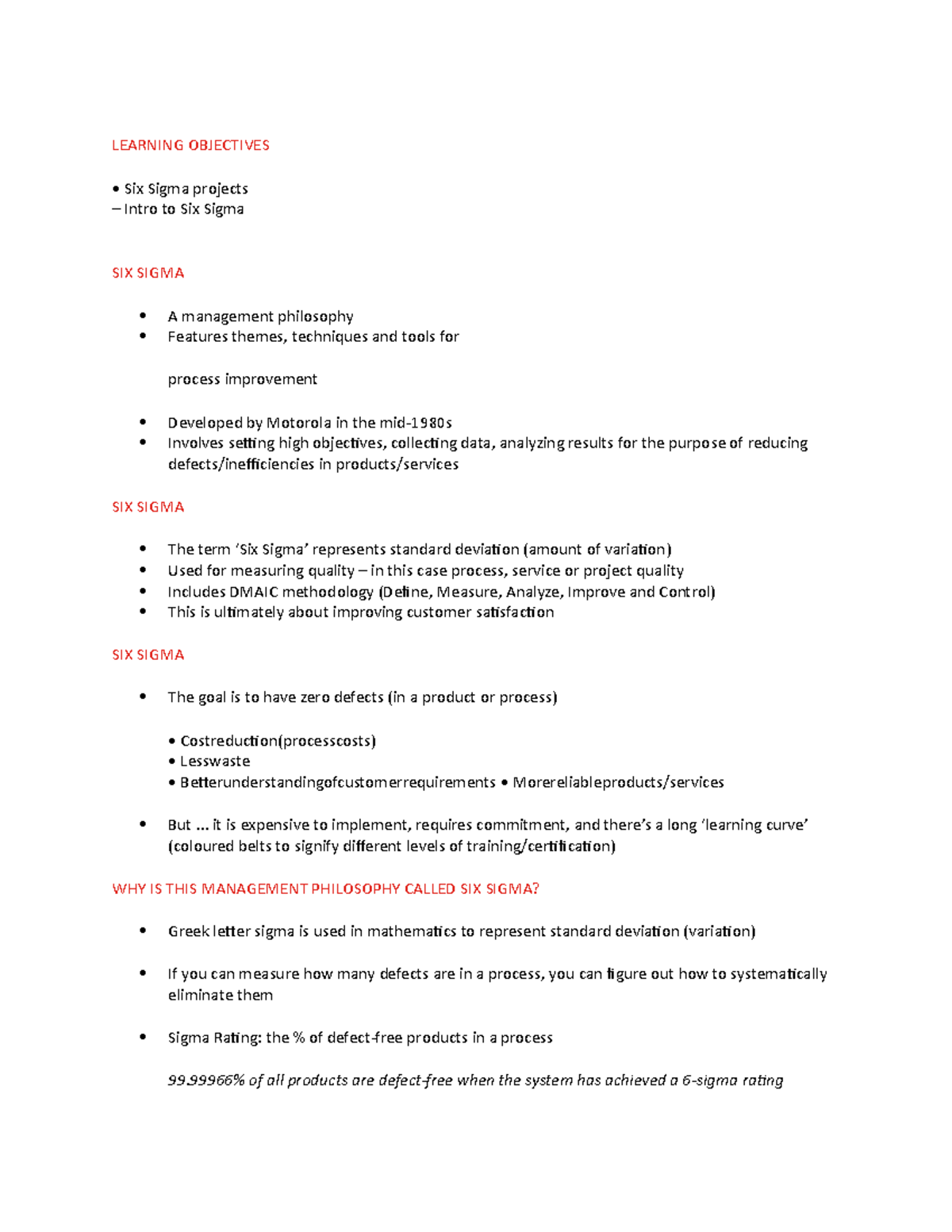 10-SIX Sigma - lecture 10 part 1 - LEARNING OBJECTIVES Six Sigma ...