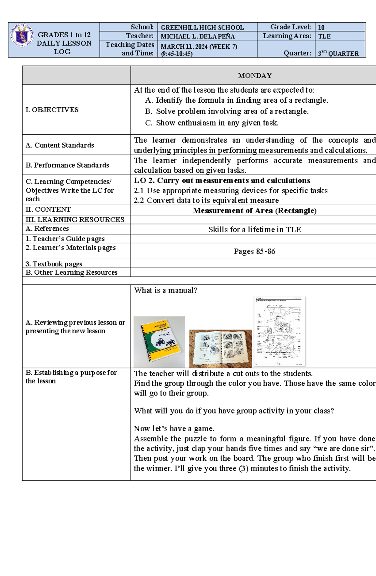 W7d1 - tle - GRADES 1 to 12 DAILY LESSON LOG School: GREENHILL HIGH ...