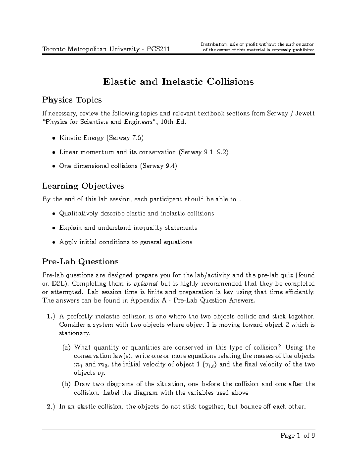 PCS211 - Elastic and Inelastic Collisions - Toronto Metropolitan ...