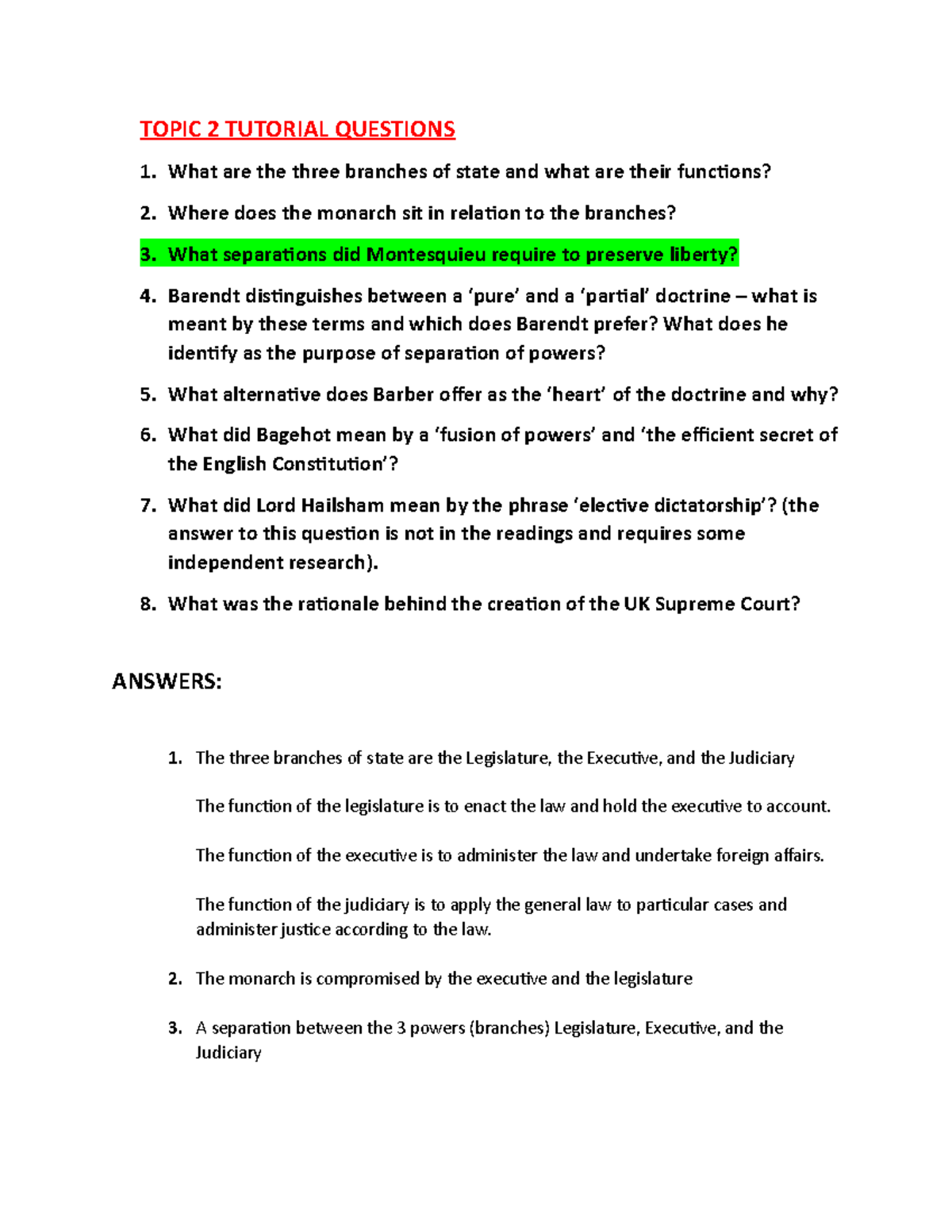Public LAW 1 top2tut Qs - TOPIC 2 TUTORIAL QUESTIONS 1. What are the ...