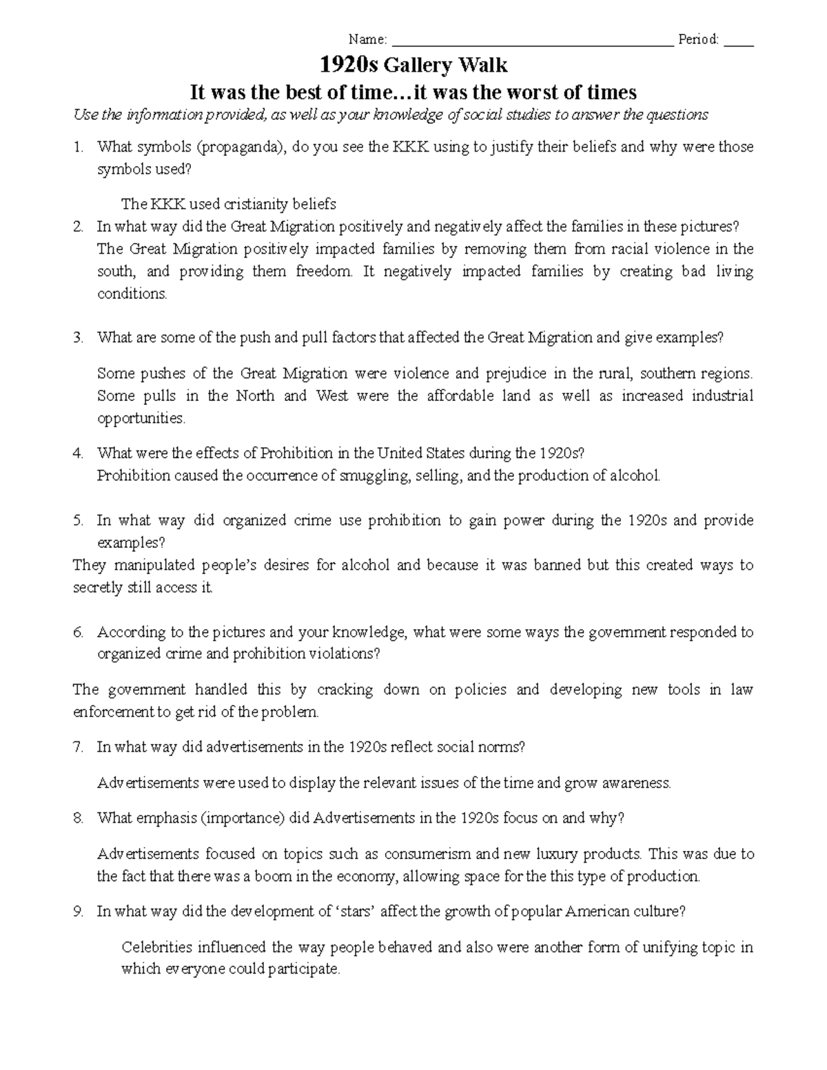 Gallery Walk Questions 1920s - Name ...