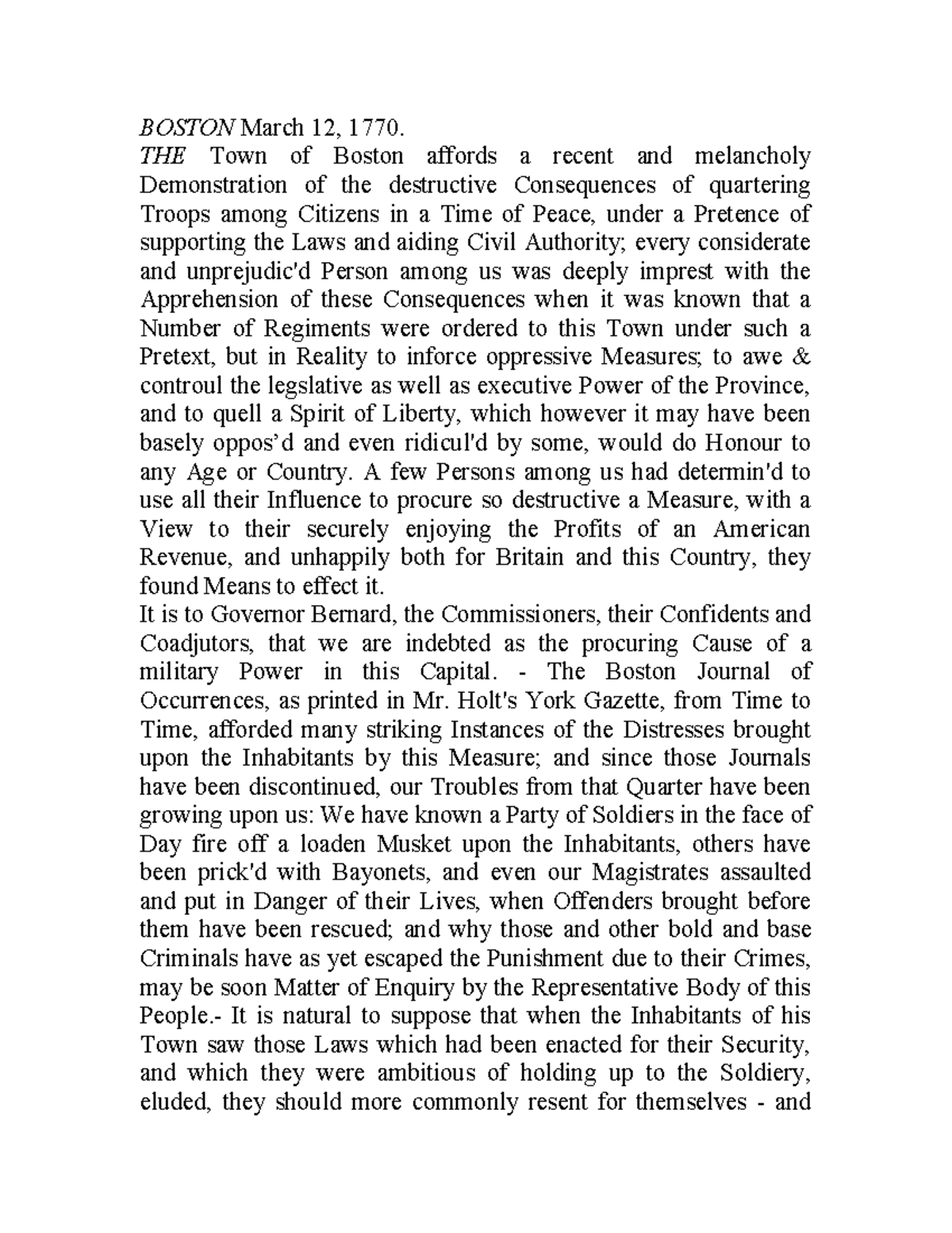 1770Transcript Boston - BOSTON March 12, 1770. THE Town of Boston ...