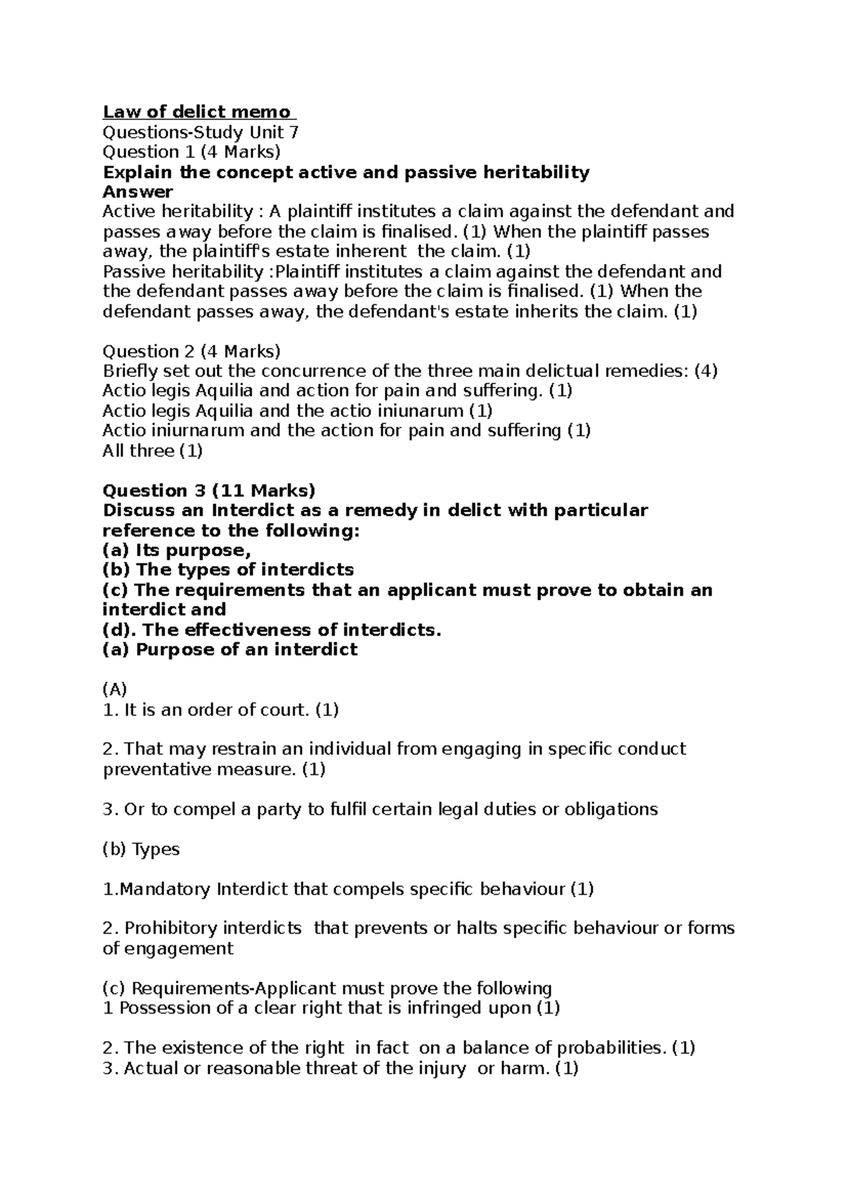 Delict memo - Past paper - Law of delict memo Questions-Study Unit 7 ...