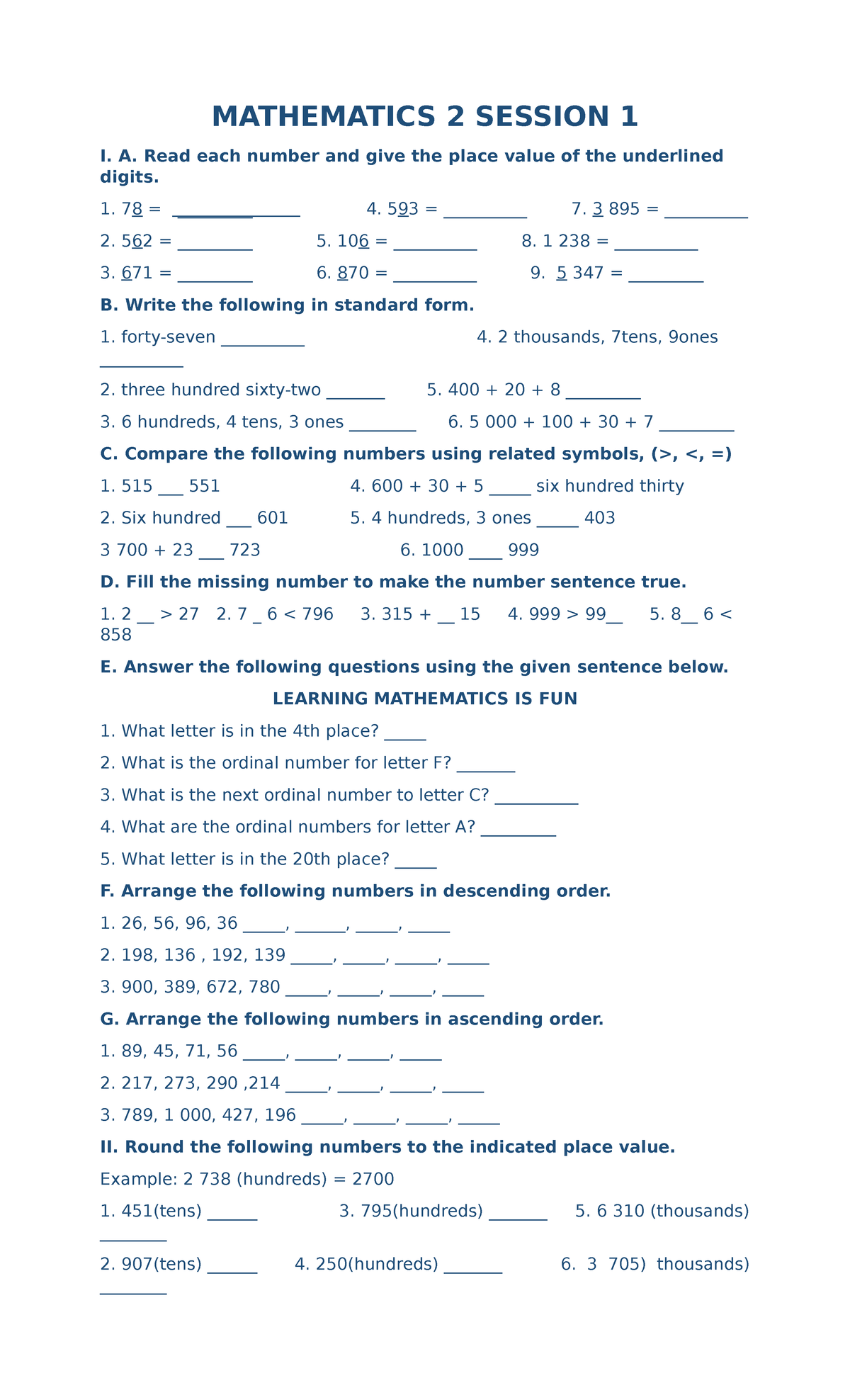 MATH 2 - Lecture Notes - MATHEMATICS 2 SESSION 1 I. A. Read each number ...