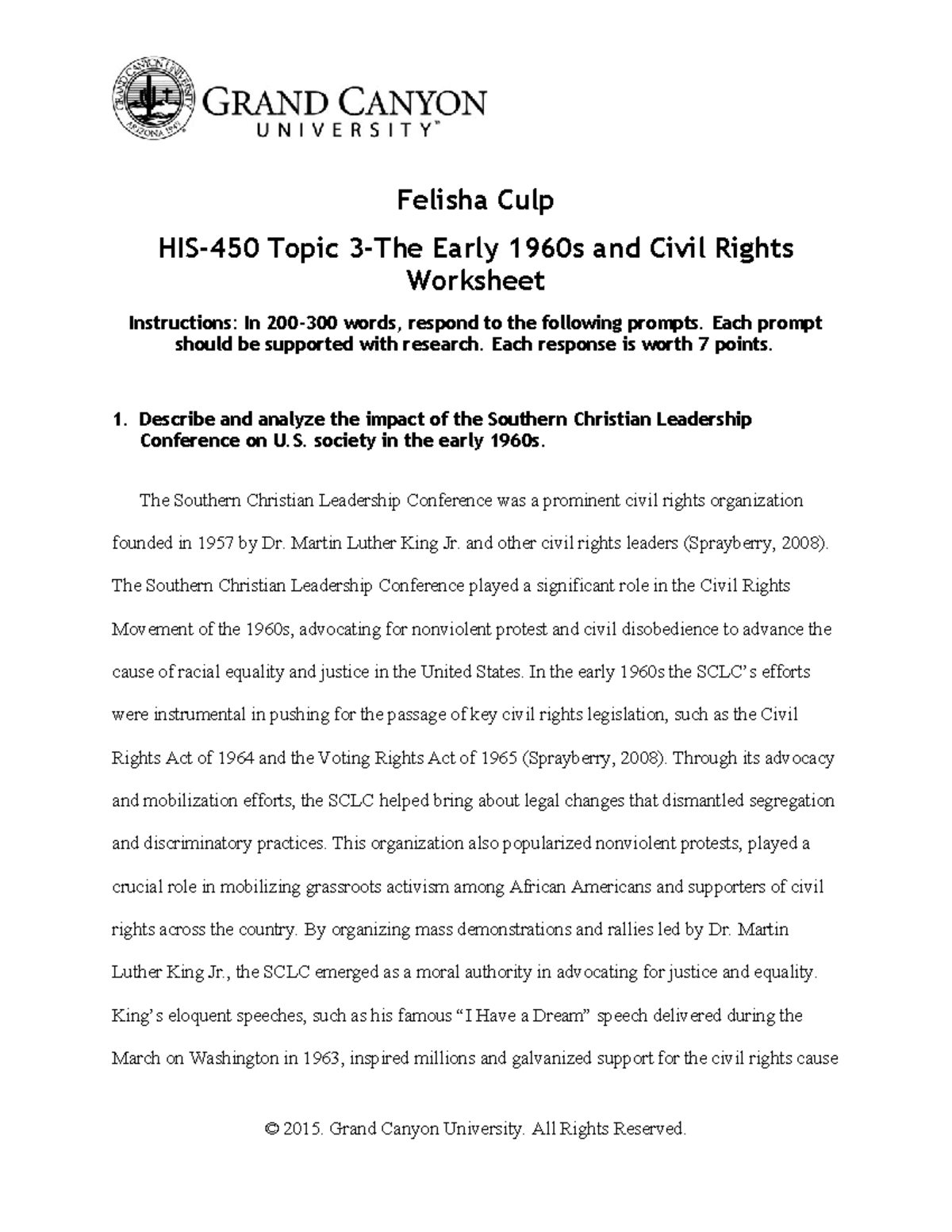 HIS 450 Early 1960s Civil rights Worksheet - Felisha Culp HIS-450 Topic ...