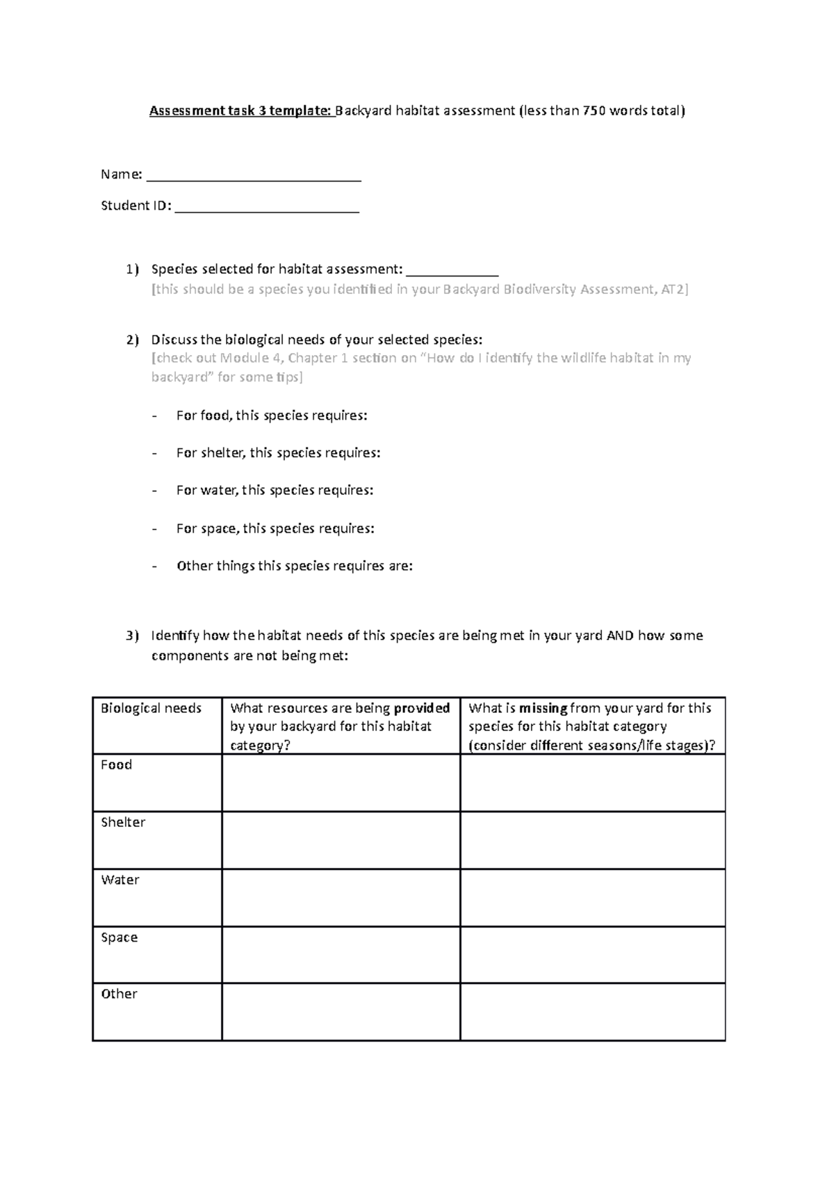 Assessment Task 3 Habitat Assessment Template and rubric 2 - Assessment ...