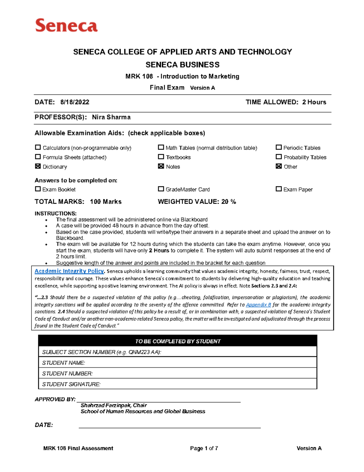 Amazon Prime MRK 108- Final Assessment Summer 2022 - SENECA COLLEGE OF ...
