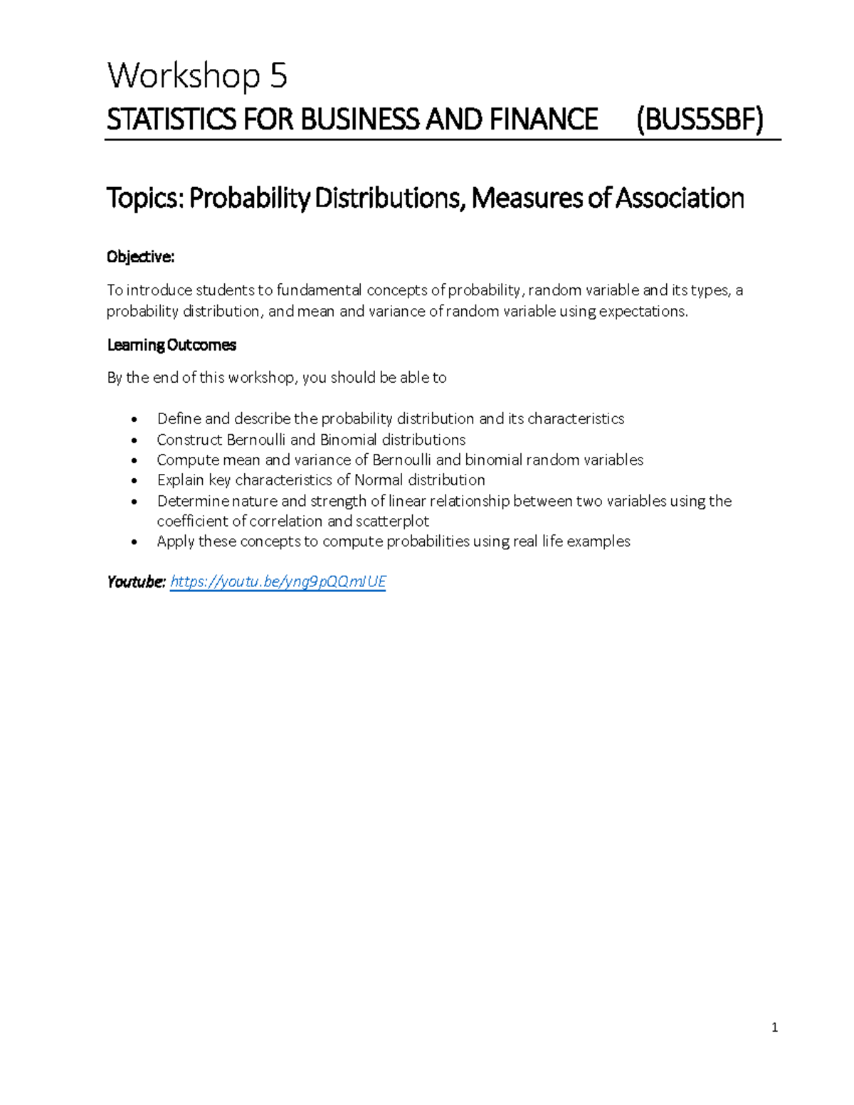 Workshop 05-Probability Distributions - 1 Workshop 5 STATISTICS FOR ...