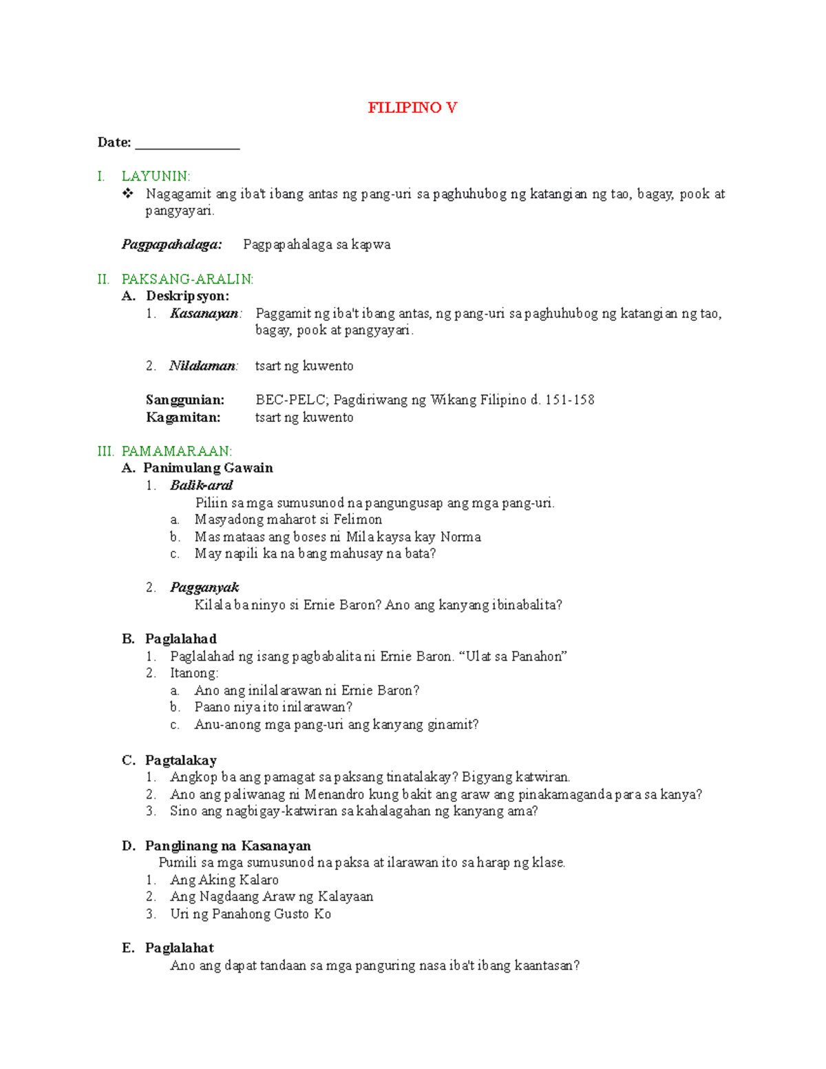 Grade 5 DLP Q3 Filipino - For academia purposes only - FILIPINO V Date ...